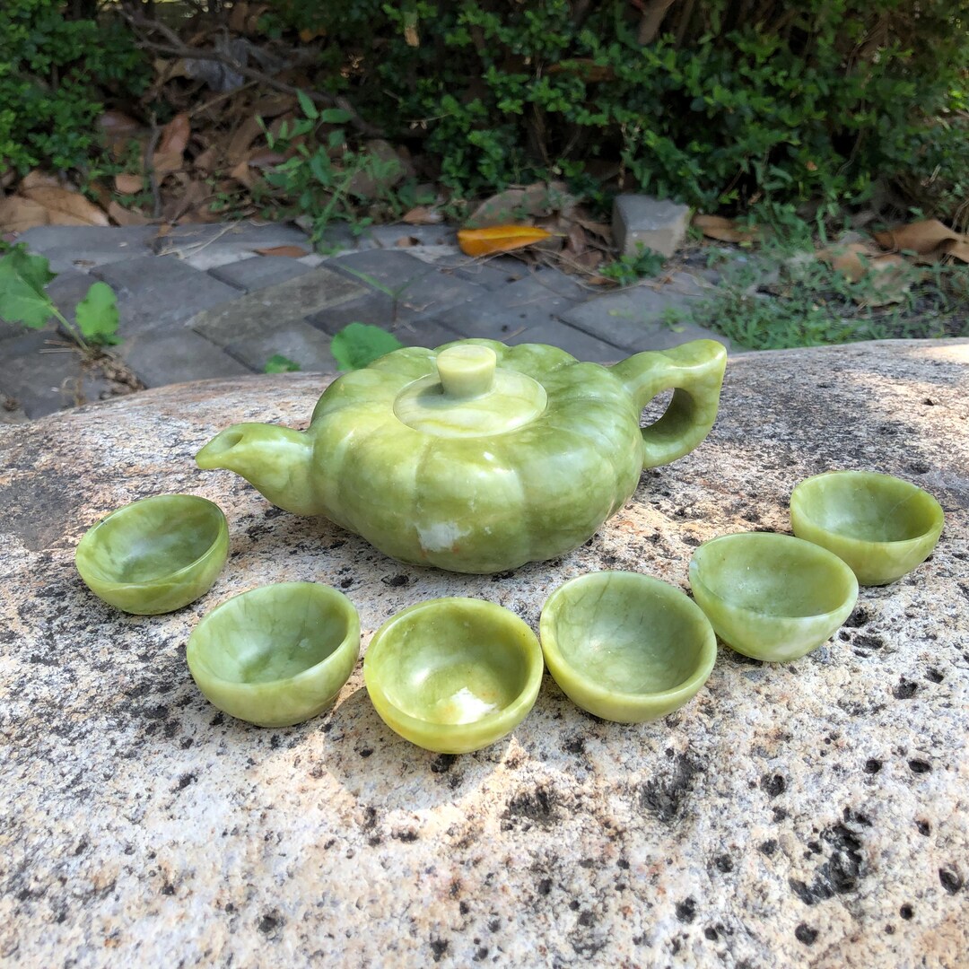 Jade Jadeite Tea Set Tea Pot 6 Cups in Case, Natural Jade Healing ...