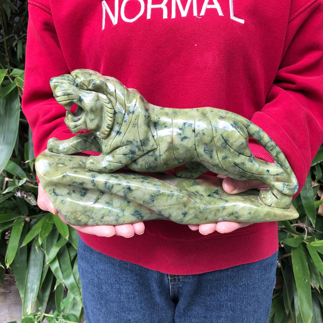Huge Natural Green Jade Tiger Statue, Feng Shui Lucky Animals Cat ...