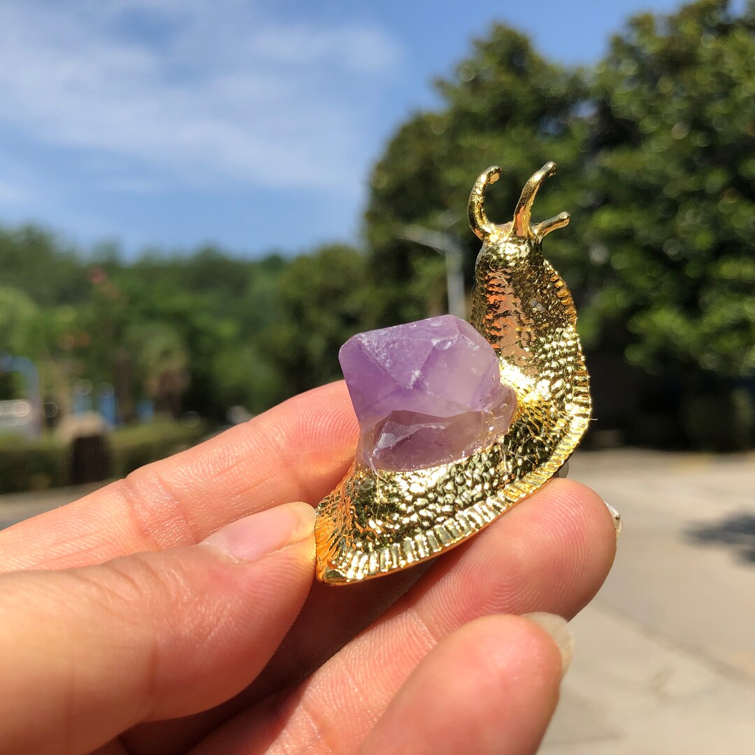 Golden Alloy Snail Carrying Purple Crystal Mineral, Natural Quartz ...