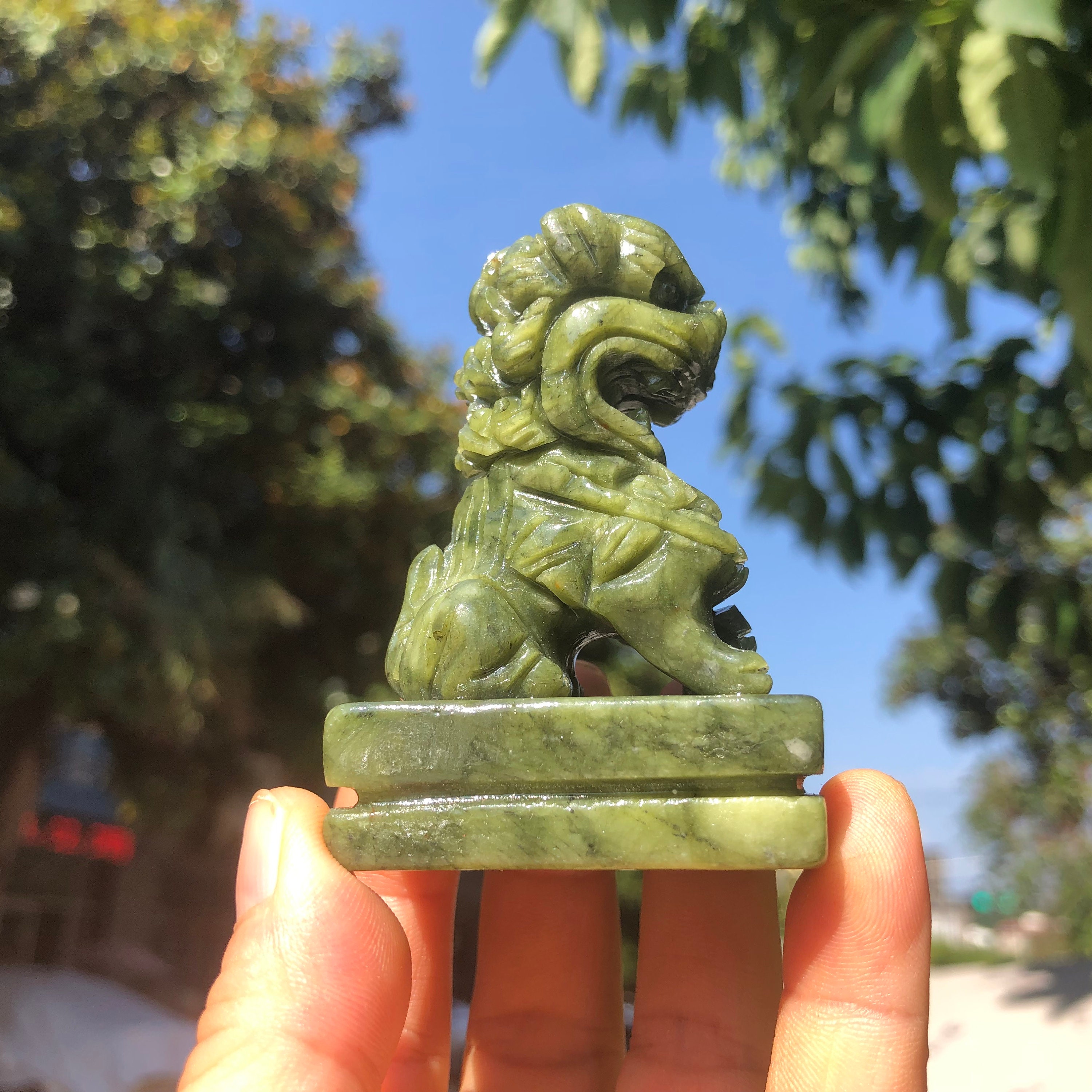 Pair Natural Green Jade Carved Fu Foo Dogs Lion Statues Crystal Healing ...