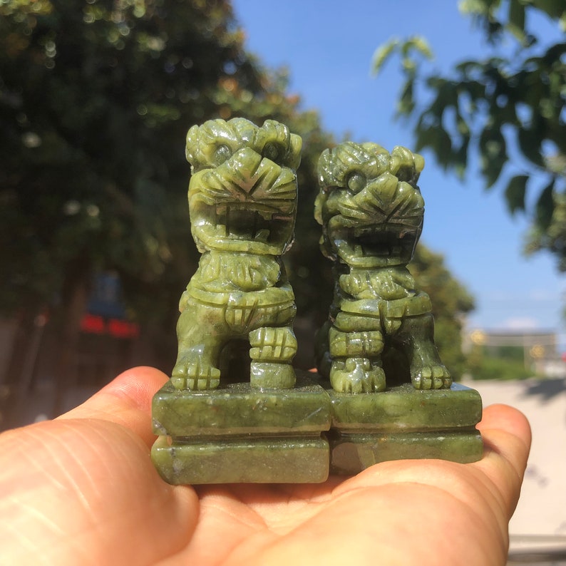 Pair Natural Green Jade Carved Fu Foo Dogs Lion Statues Crystal Healing ...