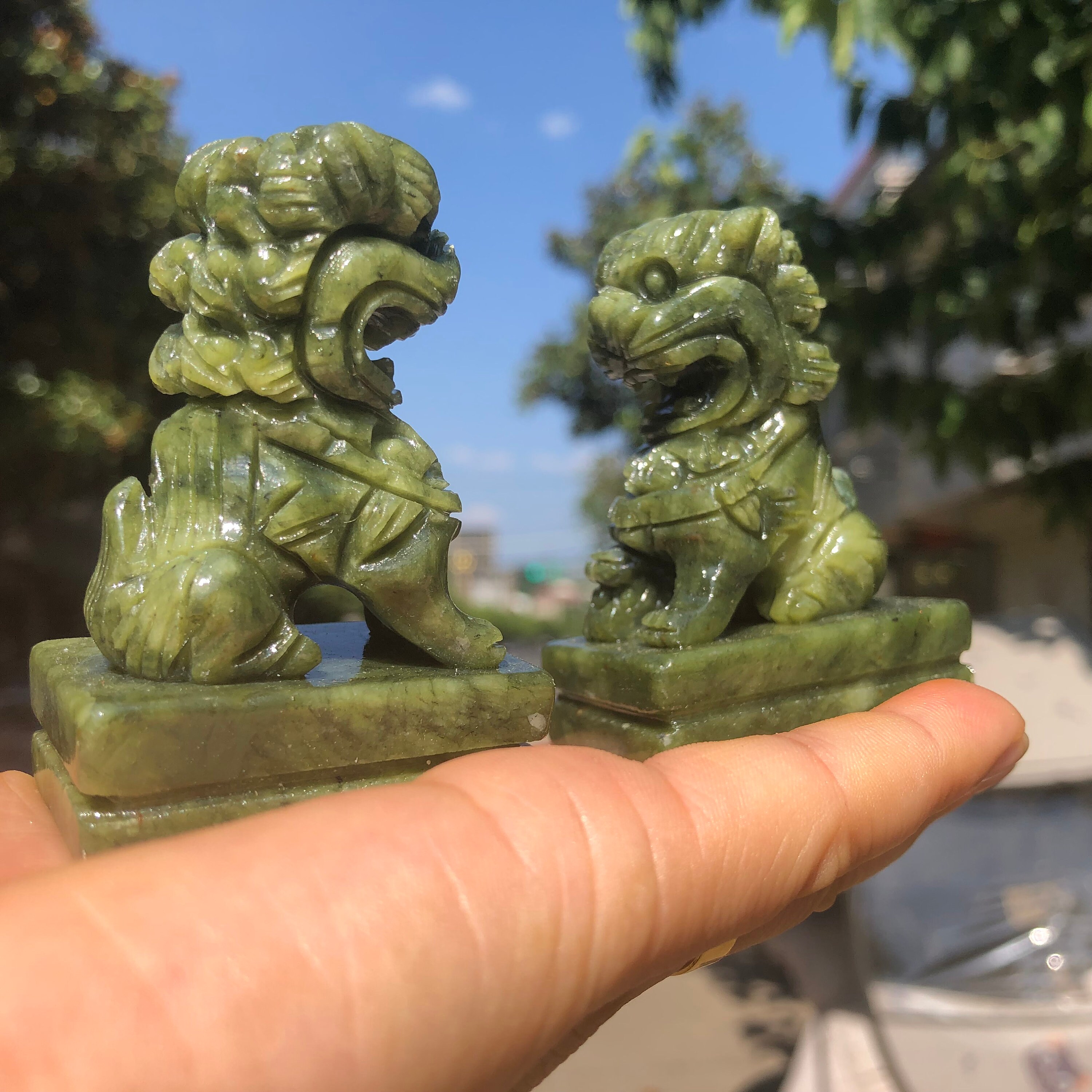 Pair Natural Green Jade Carved Fu Foo Dogs Lion Statues Crystal Healing ...