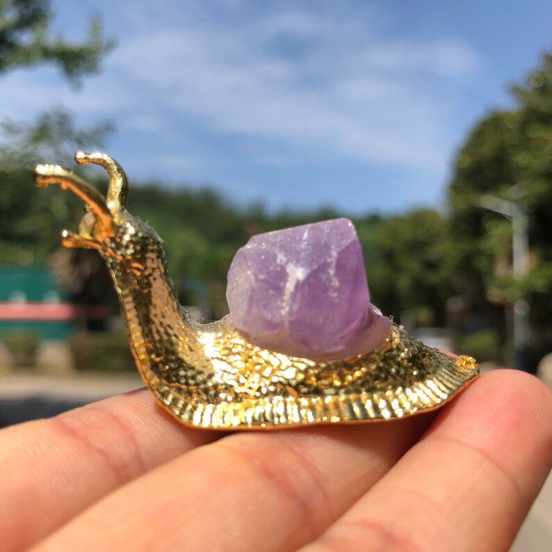Golden Alloy Snail Carrying Purple Crystal Mineral, Natural Quartz ...