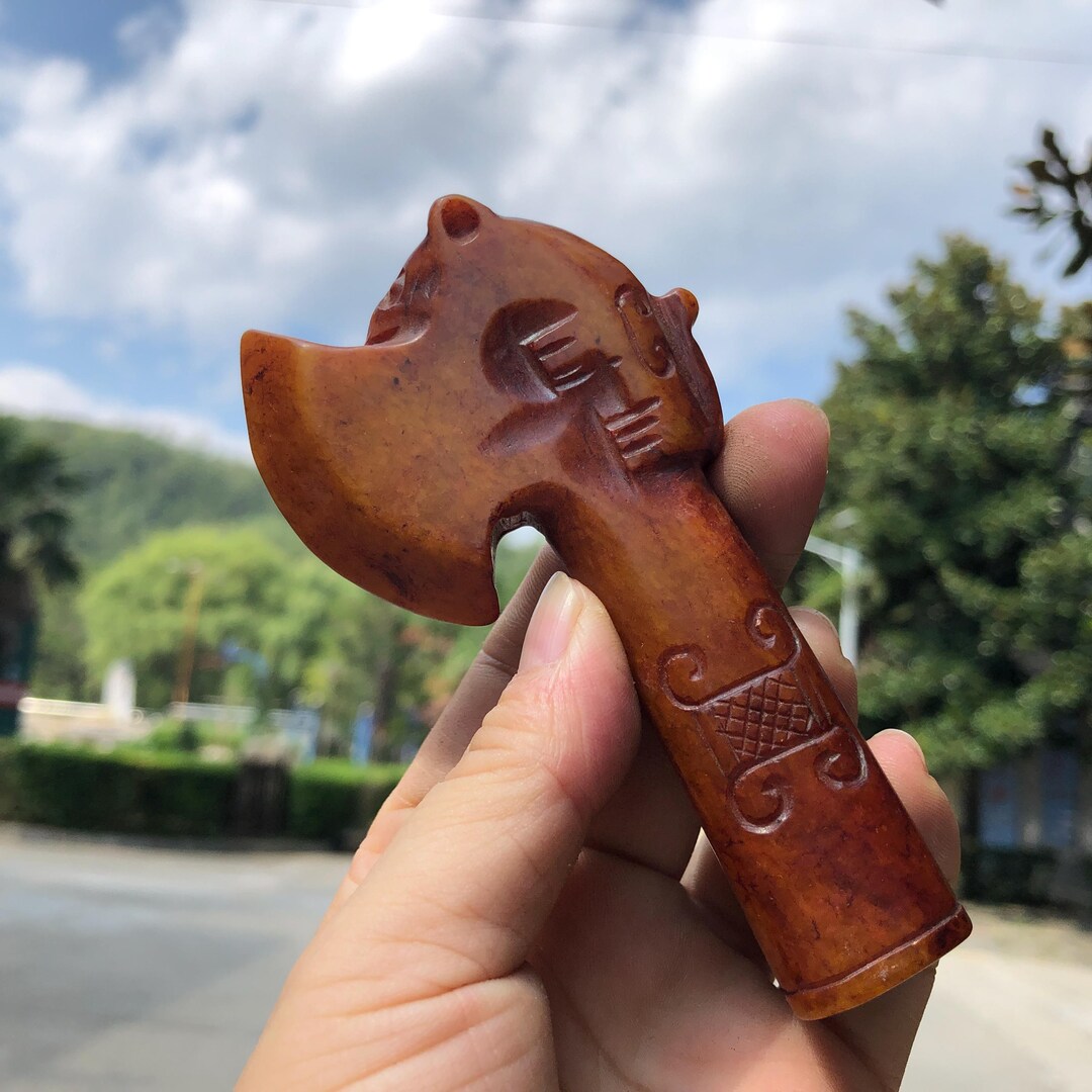 Chinese Hongshan Culture Meteorite Yellow Jade Axe / Hatchet Carved Art ...