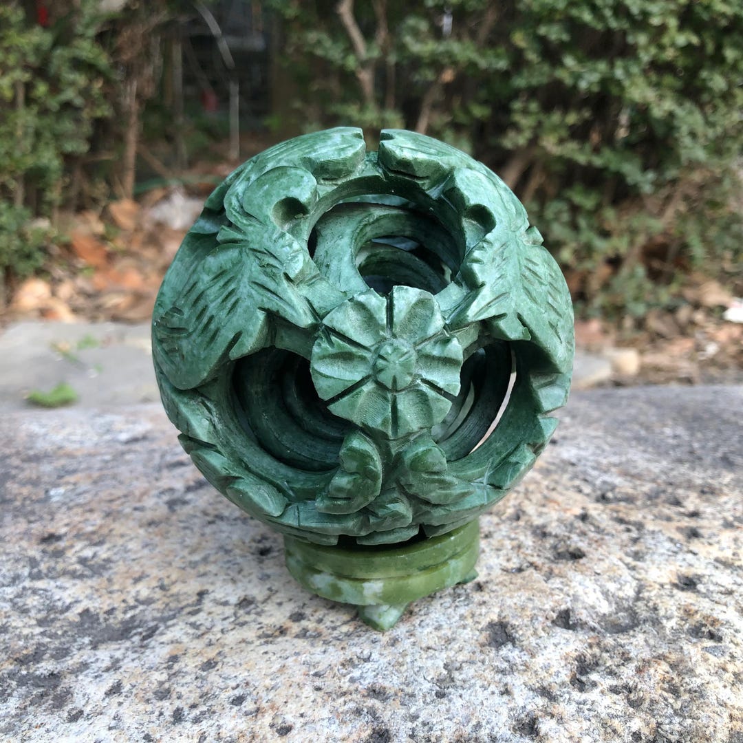 Natural Green Jade Dragon and Phoenix Four-layer Hollowed-out Stone ...