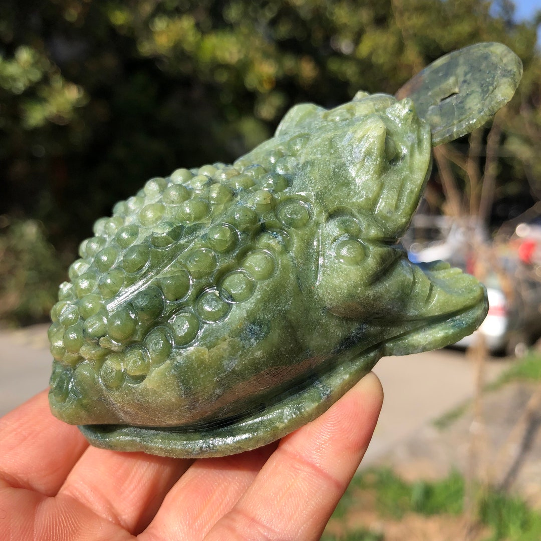 Nephrite Stone Carved Jade Wealth Toad Sculpture Natural Dark Green ...