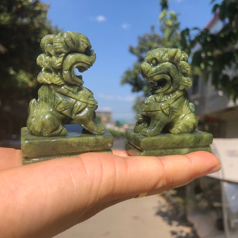 Pair Natural Green Jade Carved Fu Foo Dogs Lion Statues Crystal Healing ...