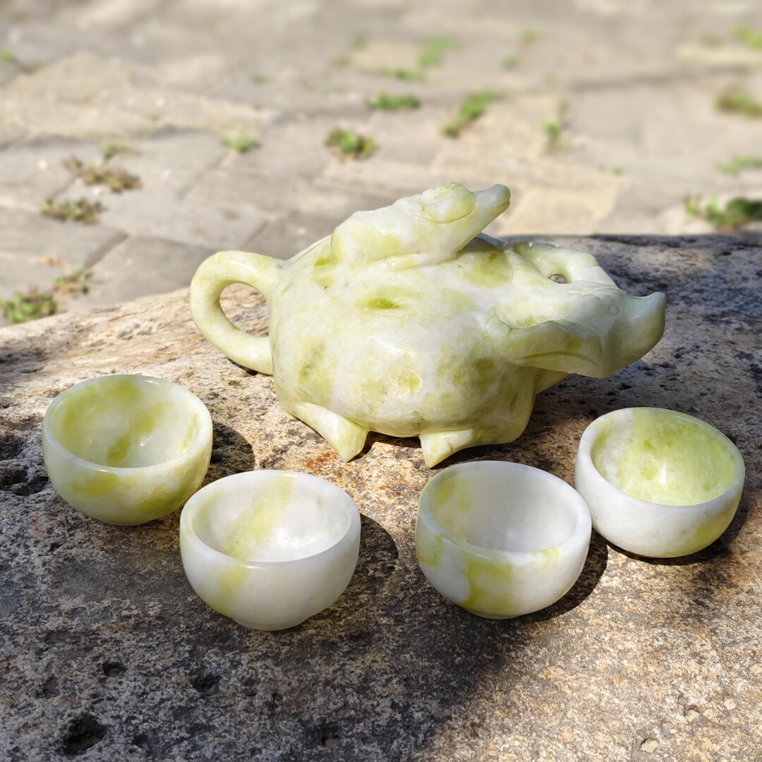 Jade Jadeite Tea Set Tea Pot 4 Cups in Case,healing Health Natural Jade ...