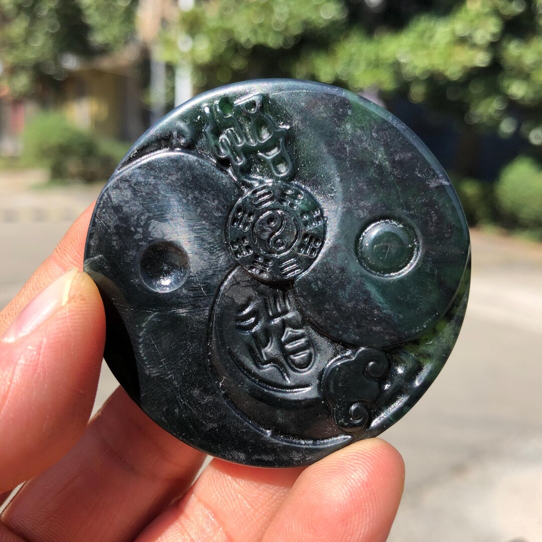 Natural Dark Green Jade Carved Yin and Yang Bagua Protection Good Luck ...