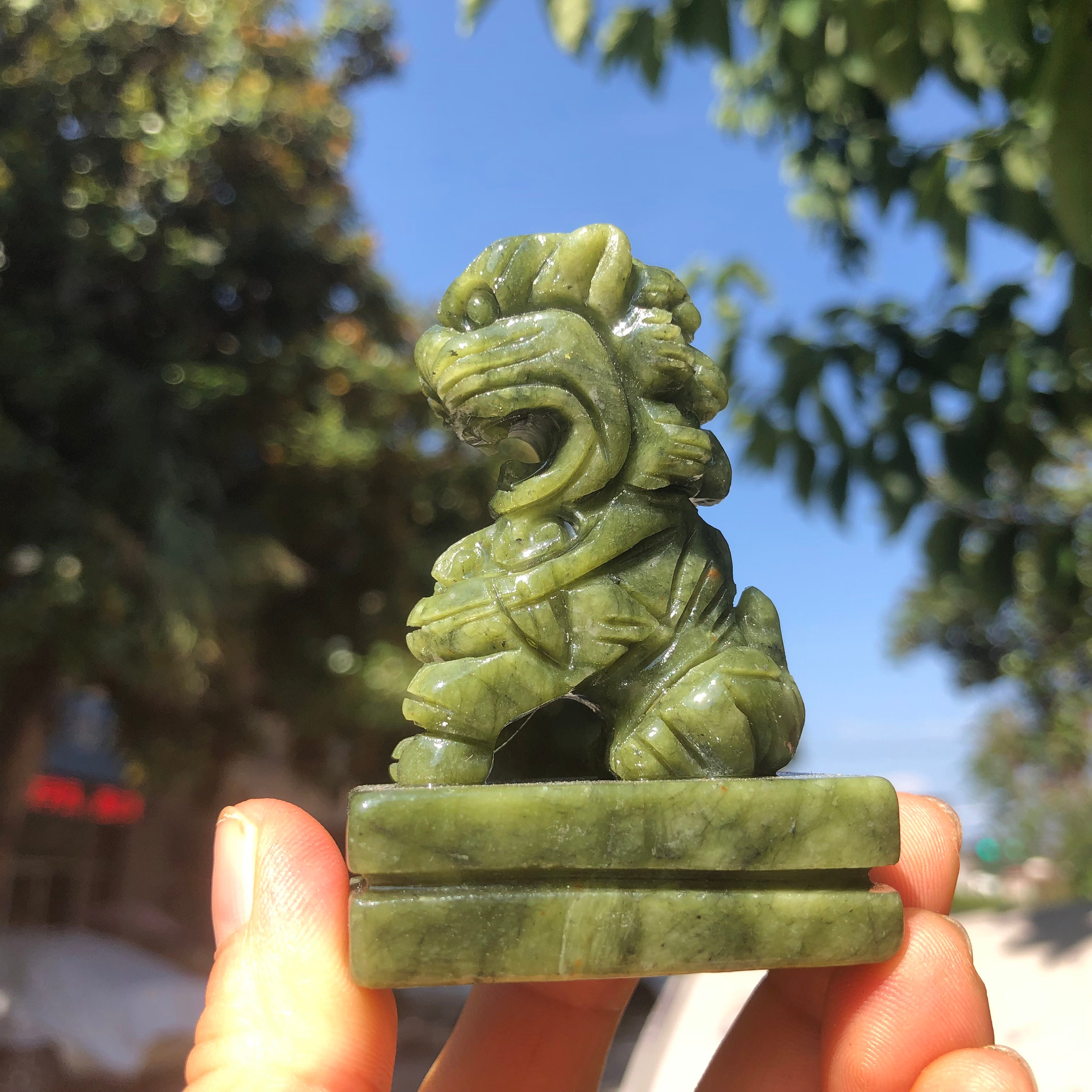 Pair Natural Green Jade Carved Fu Foo Dogs Lion Statues Crystal Healing ...