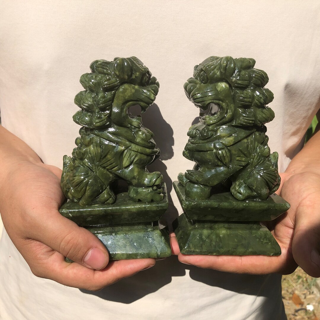 Pair Chinese Foo Fu Dog Lion Carved Green Jade Figurine Statue, Beijing ...