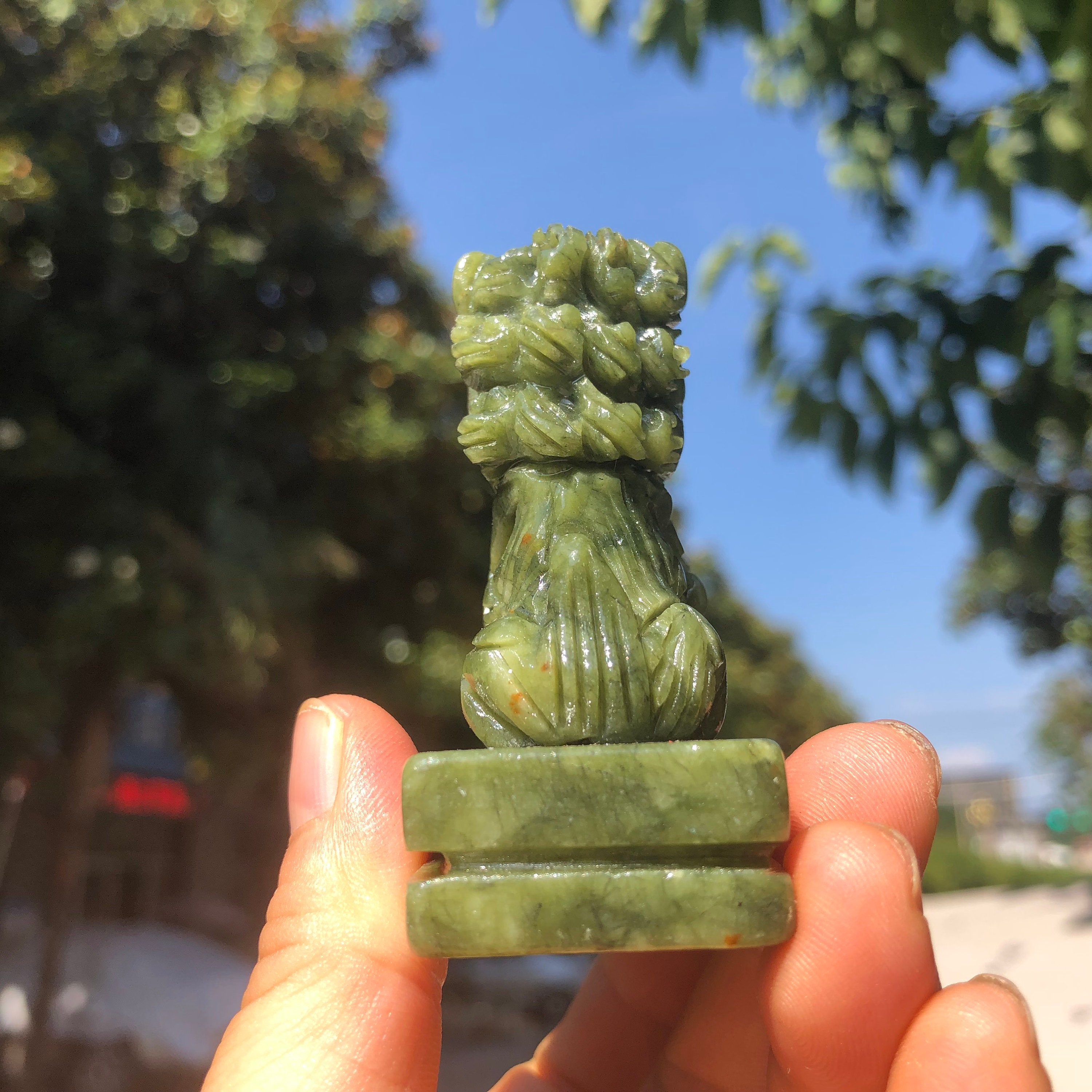 Pair Natural Green Jade Carved Fu Foo Dogs Lion Statues Crystal Healing ...
