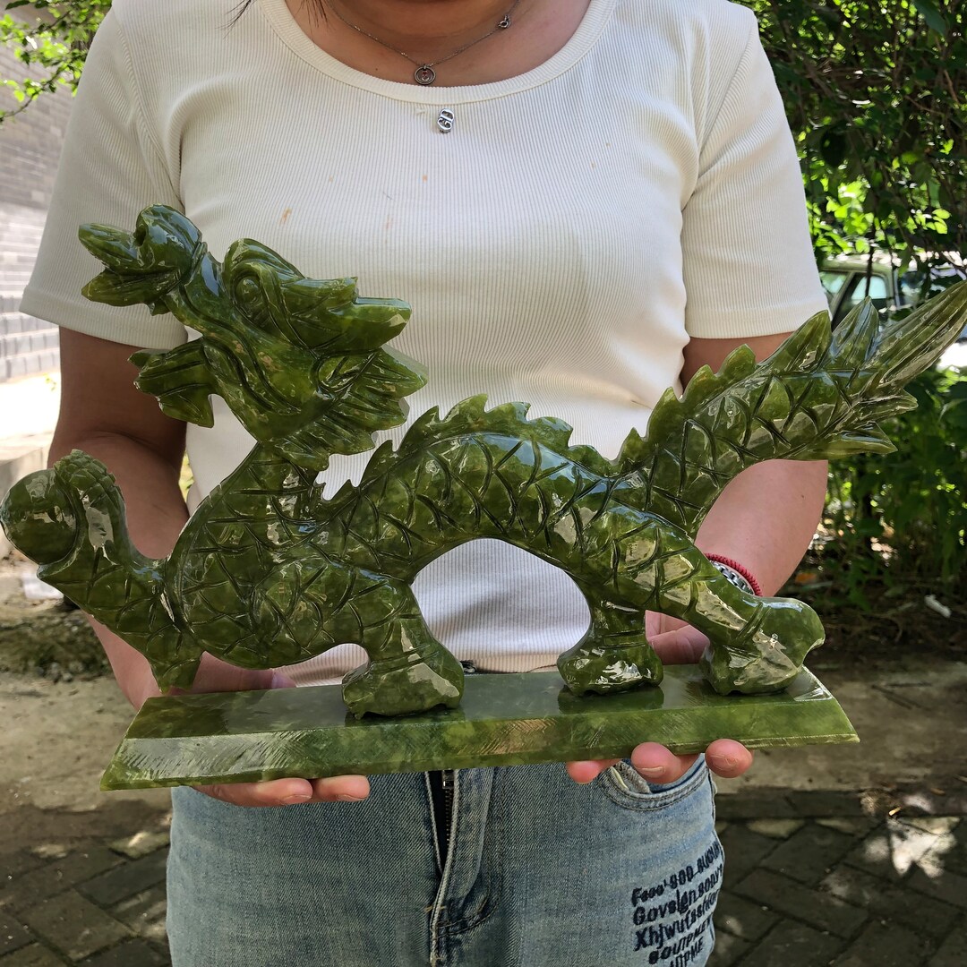 HP1271 Green Jade Dragon Sculpture Crystal Loong Statue,good Luck ...