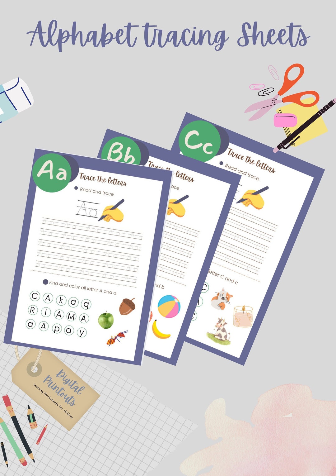 Printable Alphabet Tracing Worksheet, Preschool, Kindergarten, Kids ...