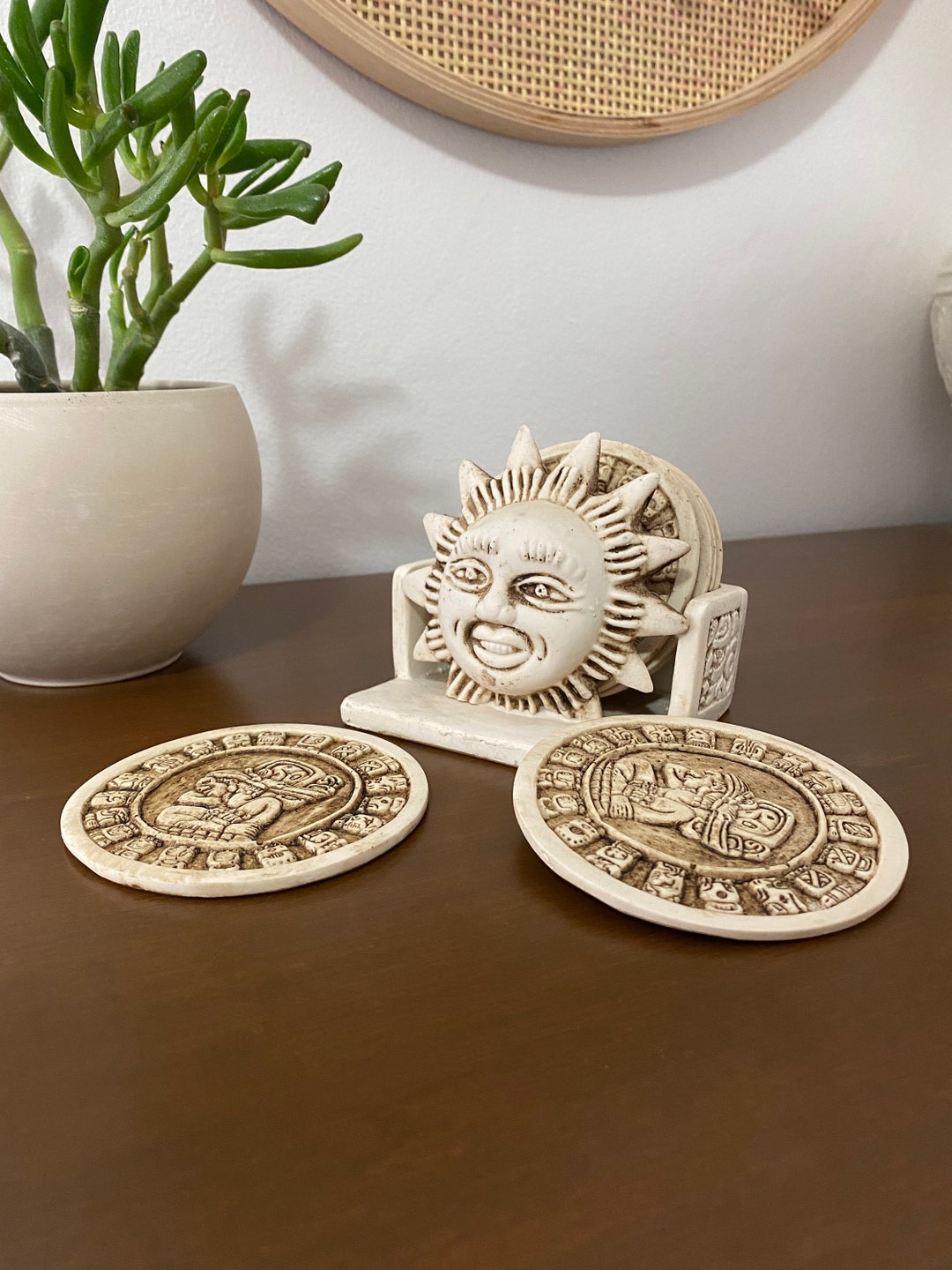 Vintage Aztec Style Clay Sun Coasters and Holder Set of 6, Vintage ...