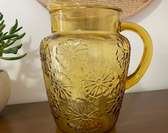 Vintage Anchor Hocking Amber Glass Spring Song Daisy Pitcher, Retro Boho Summer Floral Decor ...