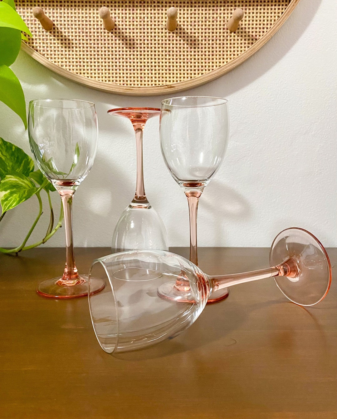 Vintage Lumaric France Pink Stem Wine Glasses Set Of 4 Etsy