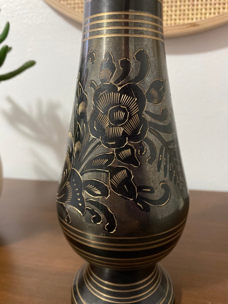 Vintage Black Brass Hand-etched Floral and Foliage Vase - Etsy