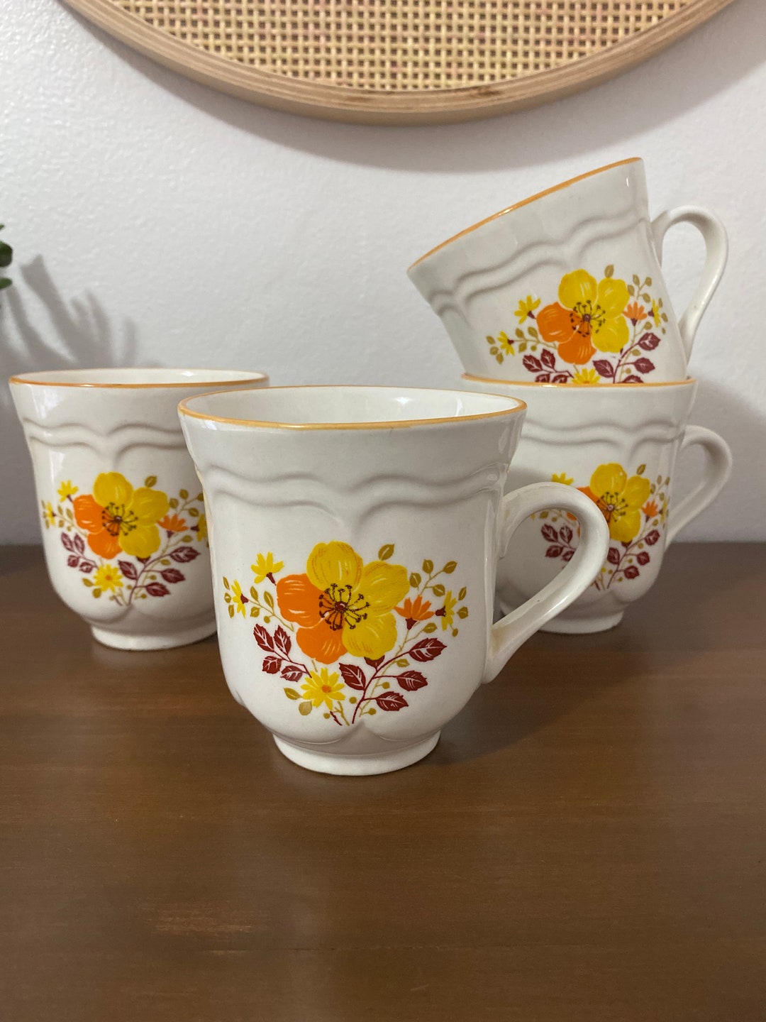 Vintage Set of 4 Festival Ironstone Faience Tea Cups With Orange and ...