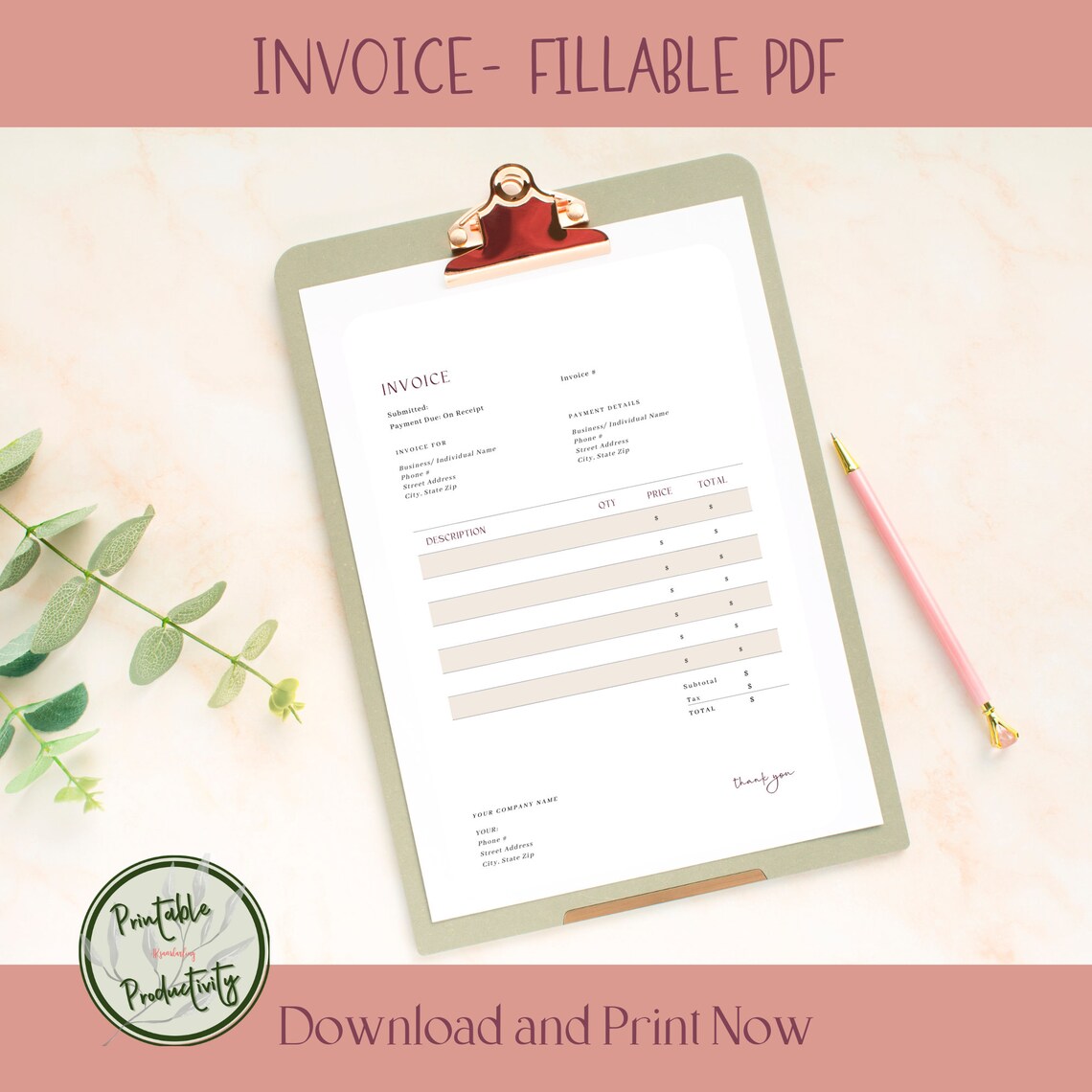 Fillable Invoice Template ~PDF~ Fill Out and Print - Etsy