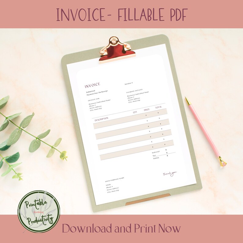 Fillable Invoice Template ~PDF~ Fill Out and Print - Etsy