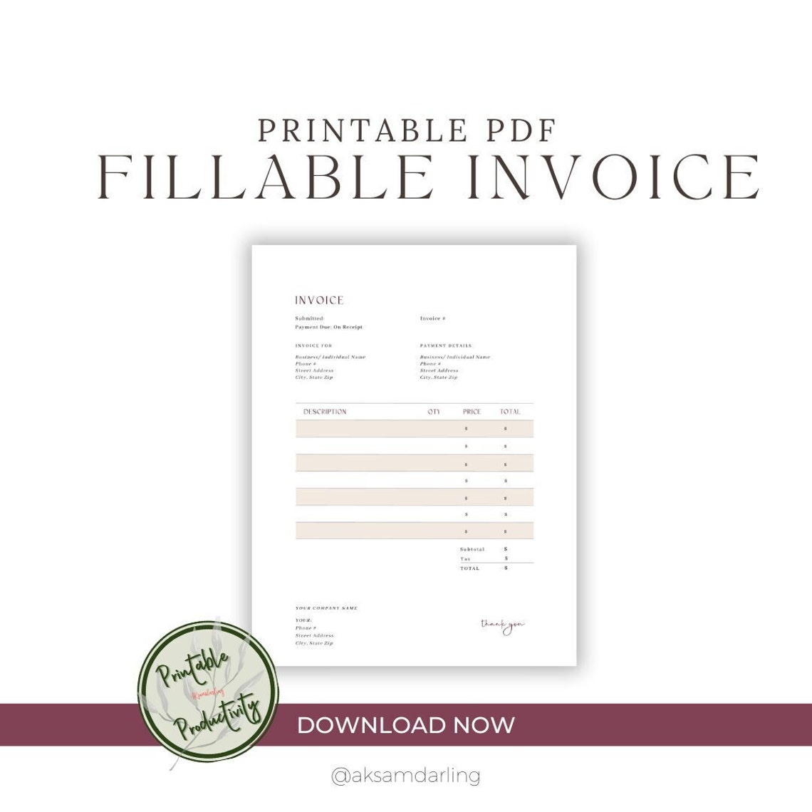 Fillable Invoice Template ~PDF~ Fill Out and Print - Etsy
