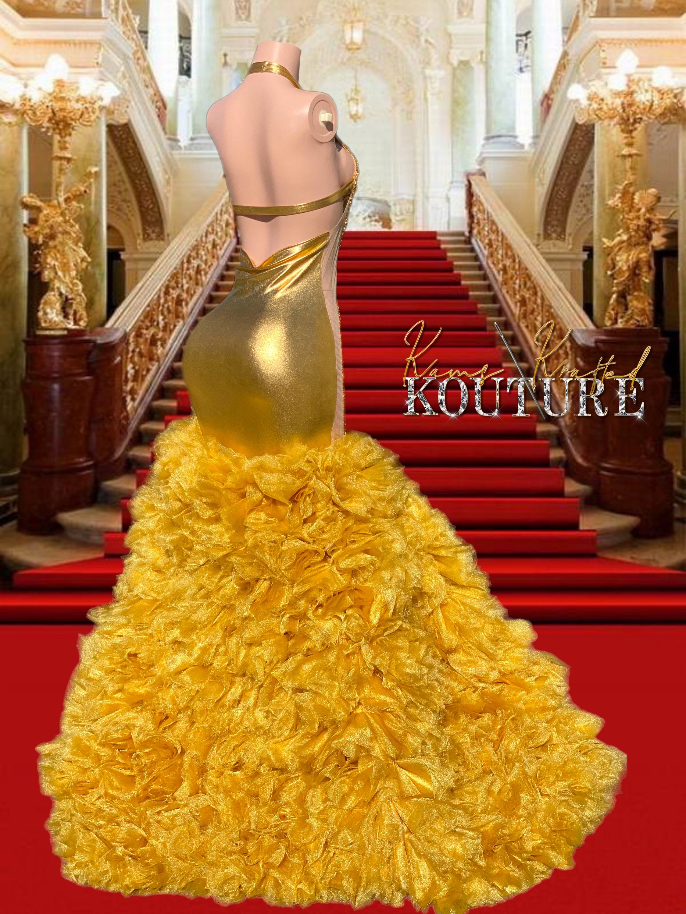 Gold Prom Dress, Gold Gown, Tulle Train, Birthday Dress, Fancy, Wedding ...