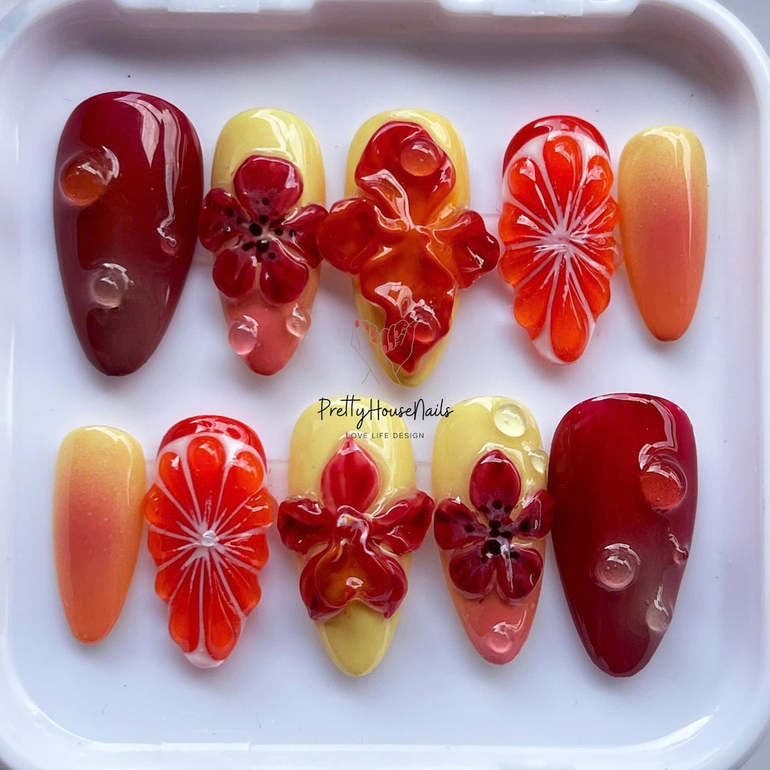 Unique Amber Floral Nails Set, Orchid Flower Press on Nails Almond ...