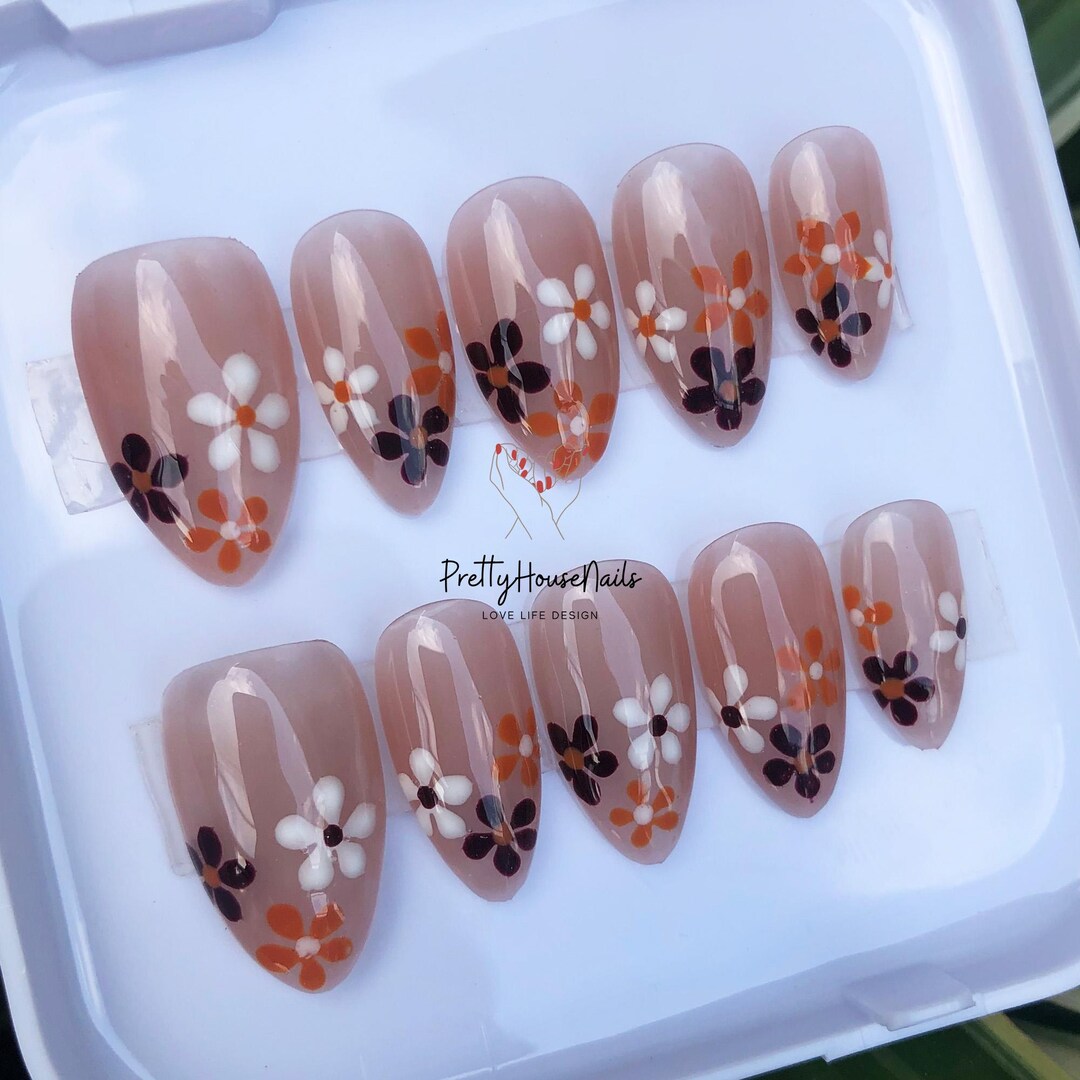 Brown Nail Almond Set, Custom Autumn Nail Designs, Fall Flower Nails ...