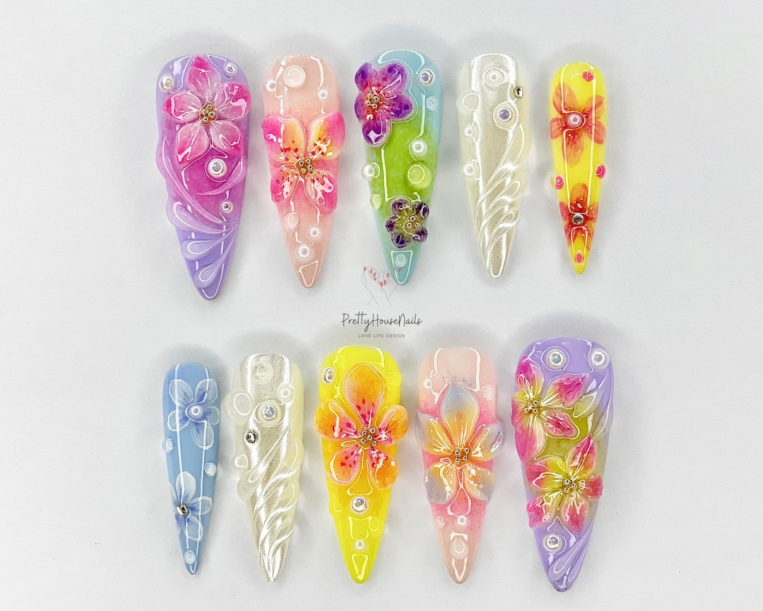 Sunset Tropical Floral Nails Set | Orchid Flower Press on Nails ...