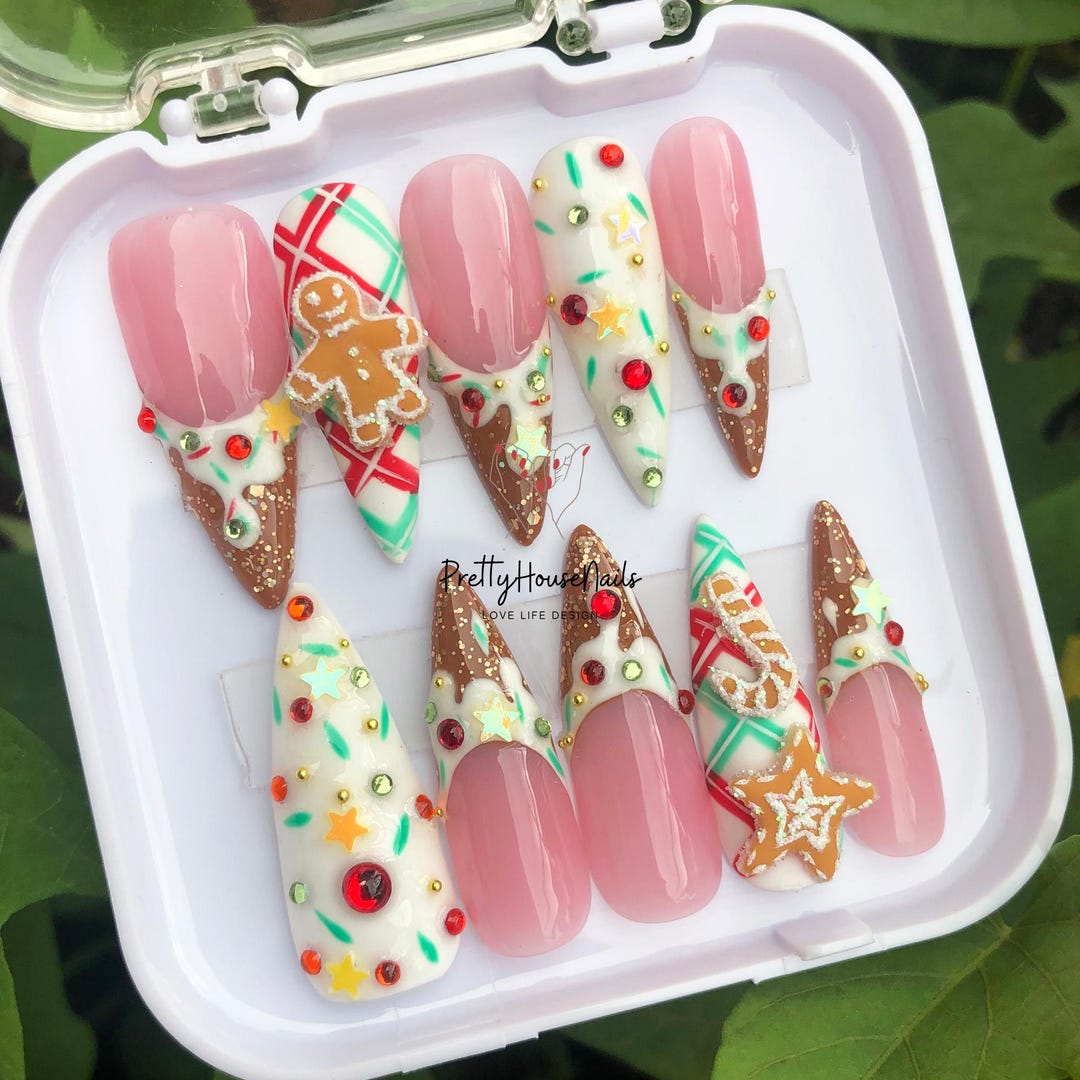 Gingerbread Man Press on Nails, Drippy Sprinkle Tips Nail Art, Unique ...