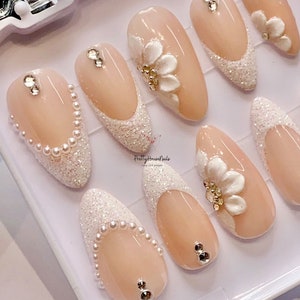 Floral French Tips Press on Nails, Luxury Handcrafted Bridal Nail Set ...
