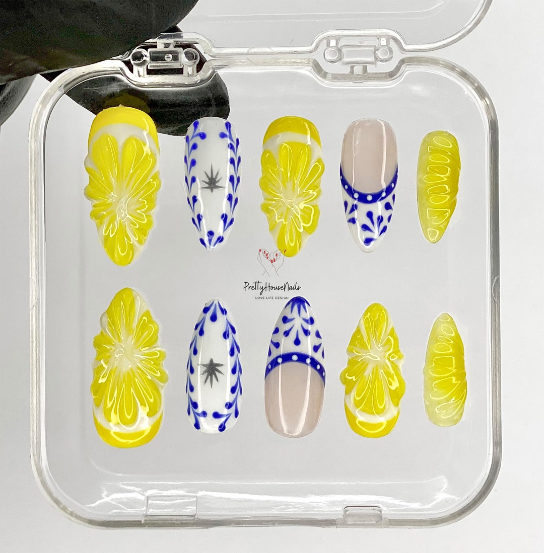 Yellow Lemon Press on Nails, Porcelain Blue Tiles, Unique Motifs Nails ...