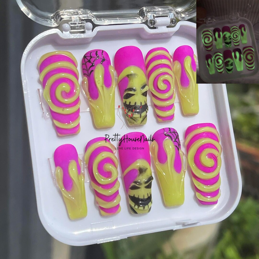 Neon Green Oogie Boogie Press on Nails, 3D Jelly Hand-painted Nail Set ...