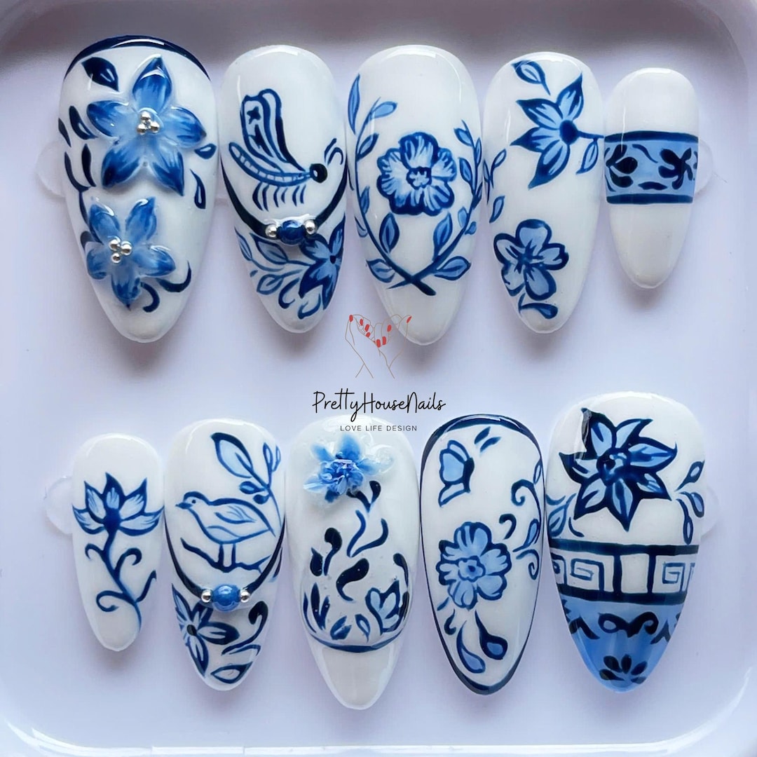 Elegant Blue Floral Nail Art Set, Hand-painted 3D Flowers & Birds ...