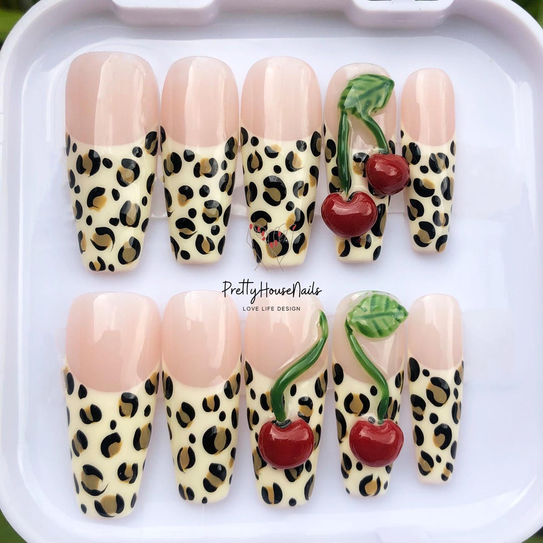 Cheetah Print With Cherry Long Coffin Press on Nail, Fall Nails, Unique ...