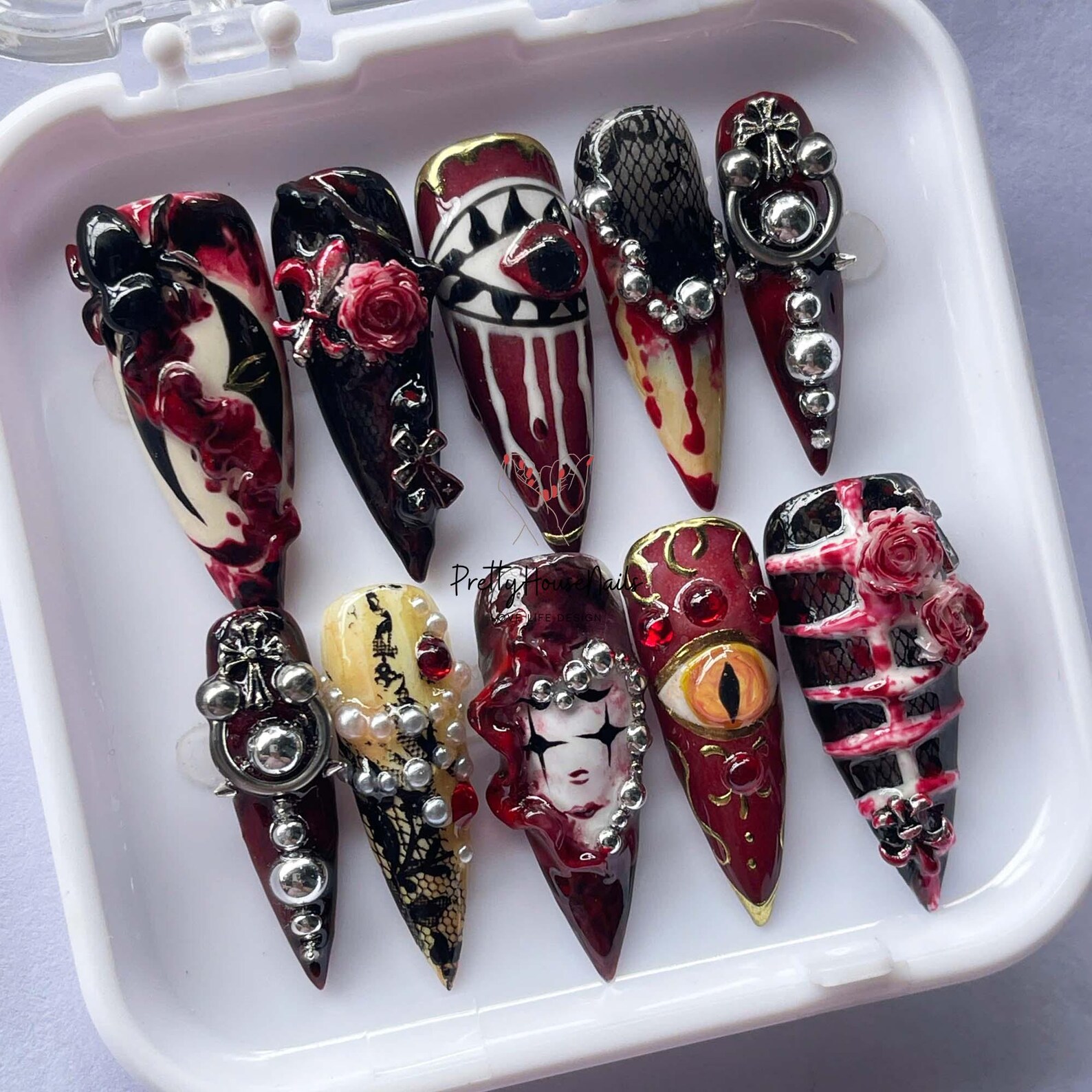 Creepy Vampire Press on Nails, Unique Halloween Long Stiletto Nail Set ...