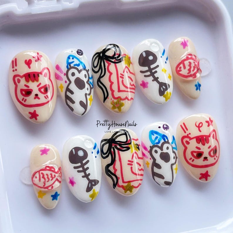 Cute 3D Cartoon Press-on Nails, Handcrafted Kawaii Nails With Fun 3D ...
