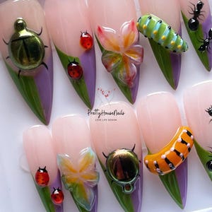 3D Garden Bug Press on Nails, Handmade Nature-inspired Nail Art With ...