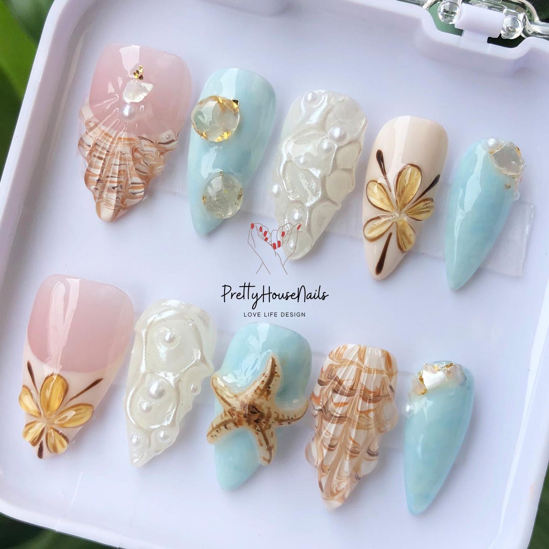 Ocean Inspired With 3D Seashell and Starfish Short Stiletto Press on ...