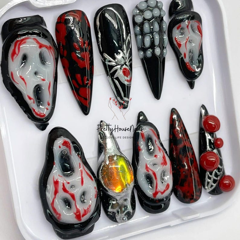 Haunted Face Press on Nails Long Stiletto, Hand-painted Scary Halloween ...