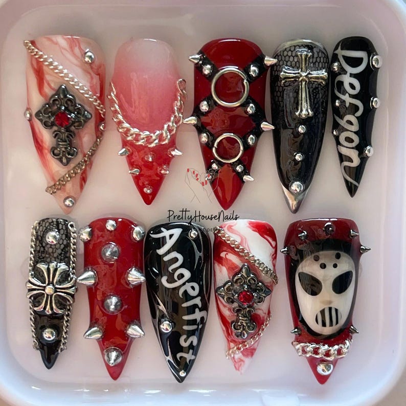 Gothic Punk Press on Nails, Red Black Spiked Stiletto Nail Set With ...