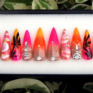 Coconut Tree Press on Nails, Rainbow Floral Glue on Nails, Crystal ...