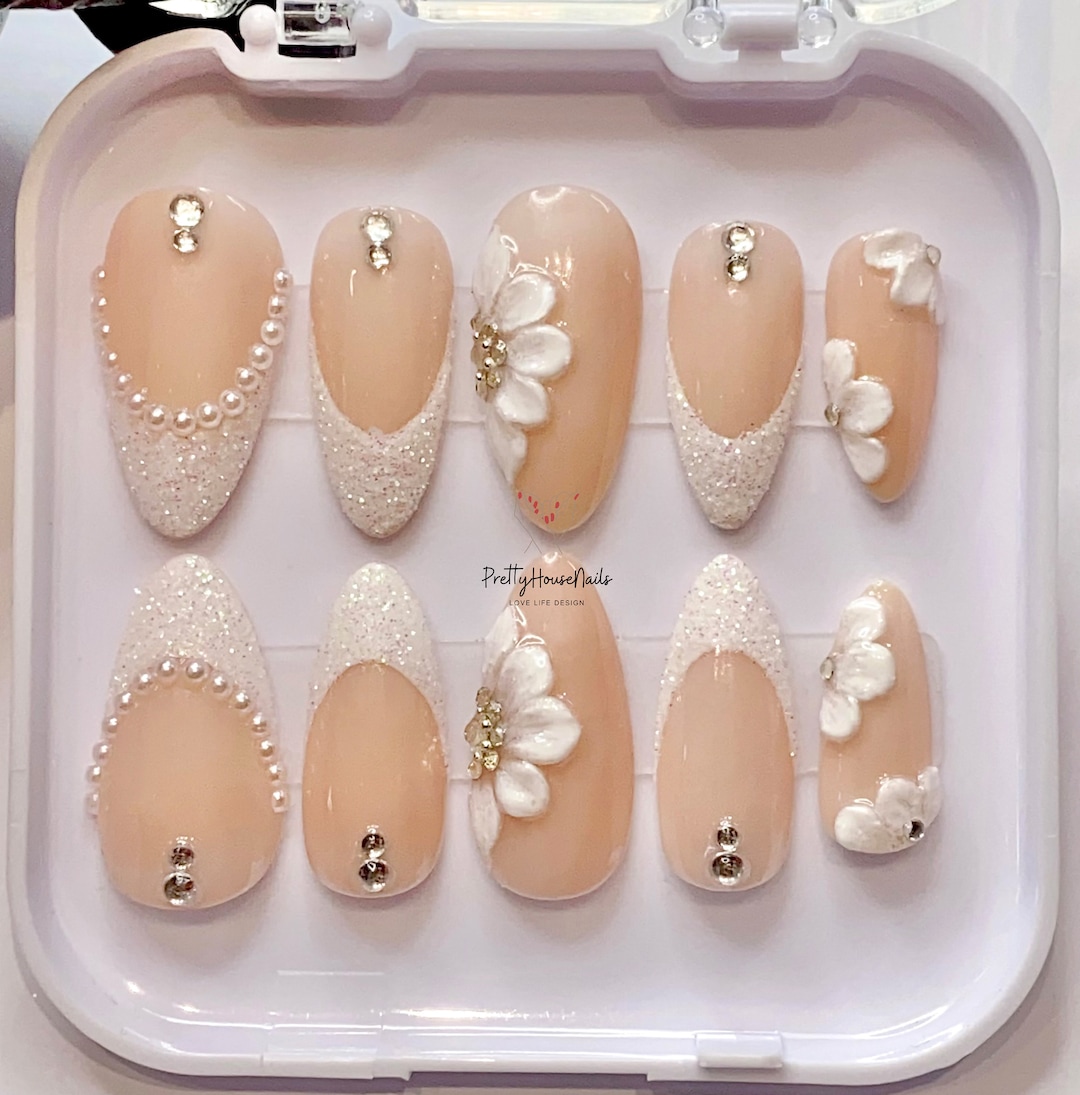 Floral French Tips Press on Nails, Luxury Handcrafted Bridal Nail Set ...