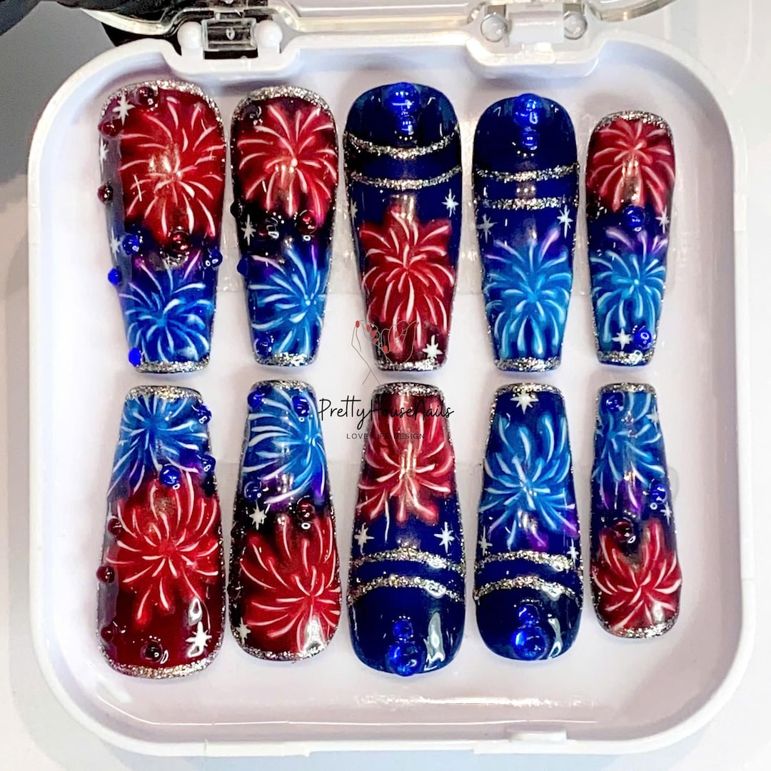 Fireworks Party Press on Nails, Long Coffin Nails, Christmas Nails ...