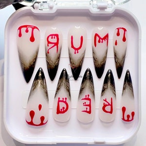 Red Rum Press on Nails, Hand-painted Red Blood Nail Set, Hazy Smoke ...