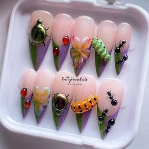 3D Garden Bug Press on Nails, Handmade Nature-inspired Nail Art With ...