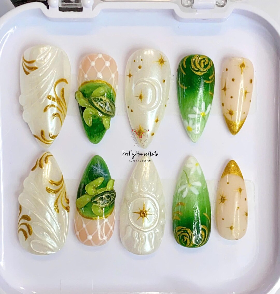 Poolside Baby Turtle Press on Nails, Custom Floral 3D Fake Nails, Fresh ...