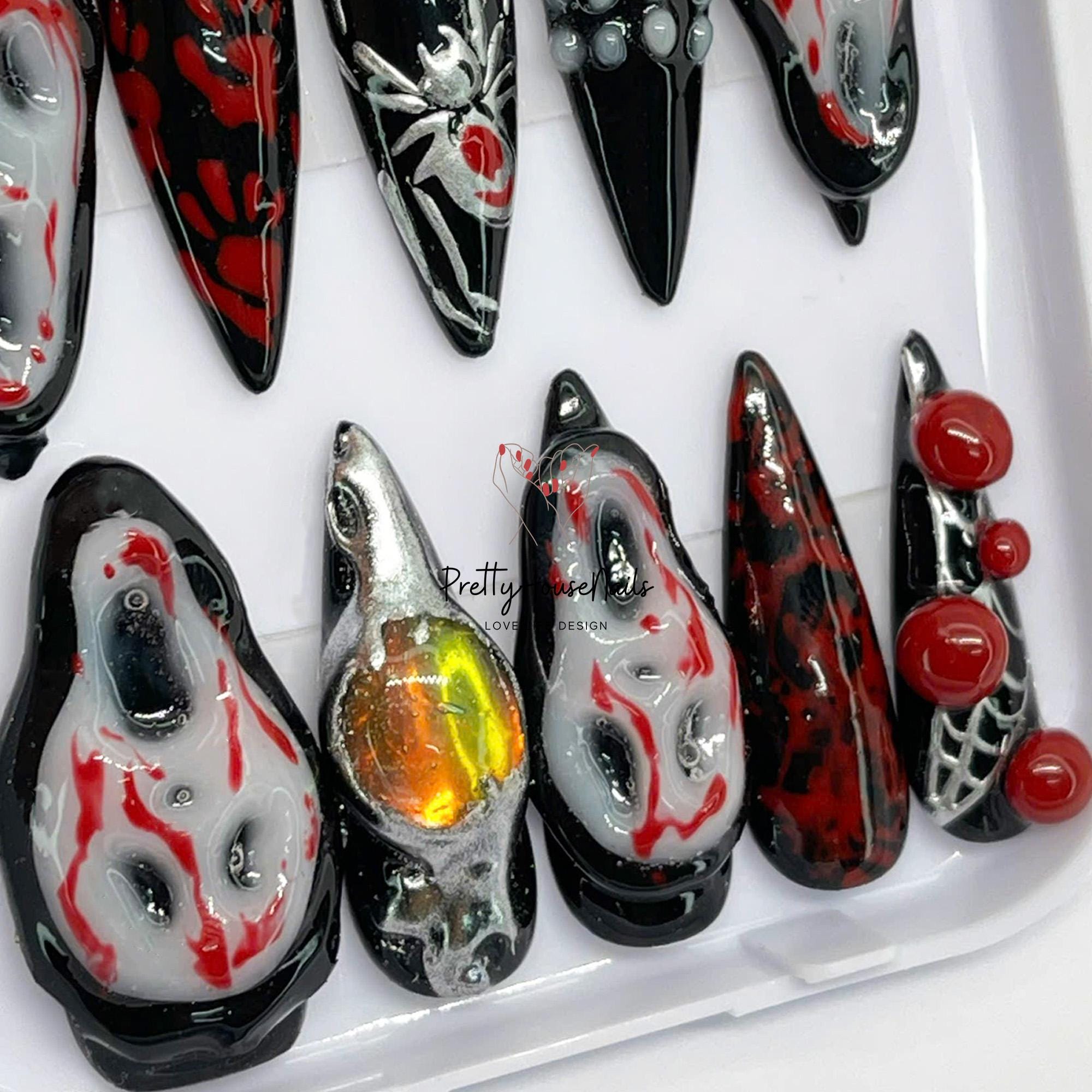 Haunted Face Press on Nails Long Stiletto, Hand-painted Scary Halloween ...