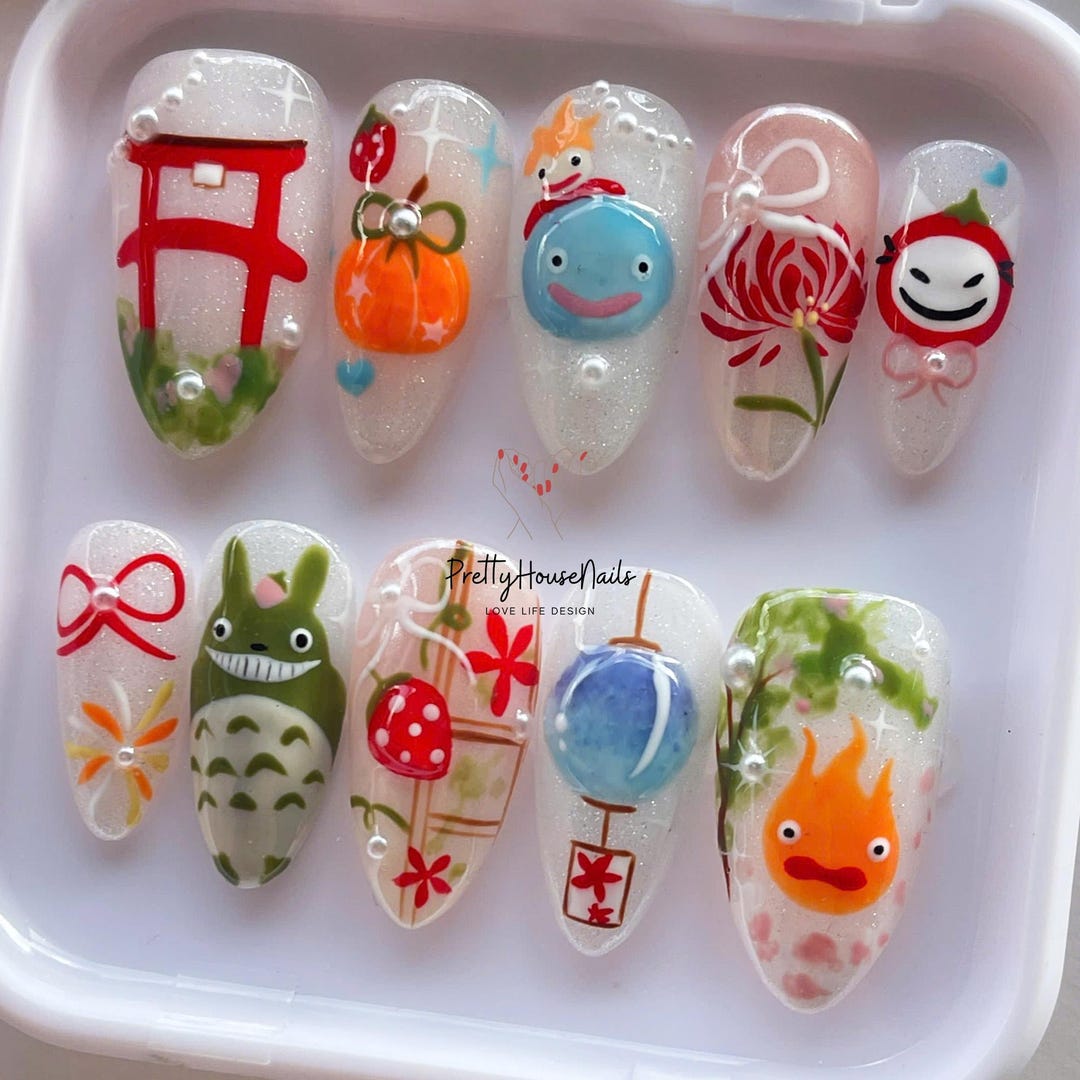 Ghibli Inspired Press on Nails, Handmade Cute Japanese Nail Art ...